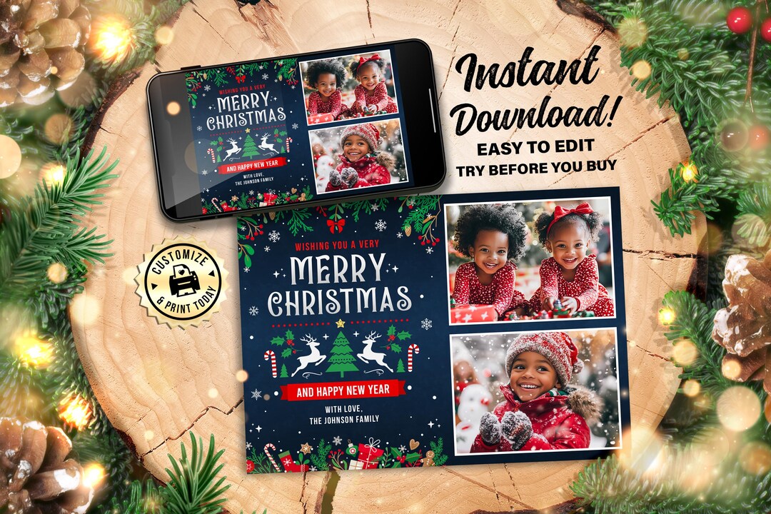 Christmas Photo Collage Card Editable Family Holiday Greeting Card ...