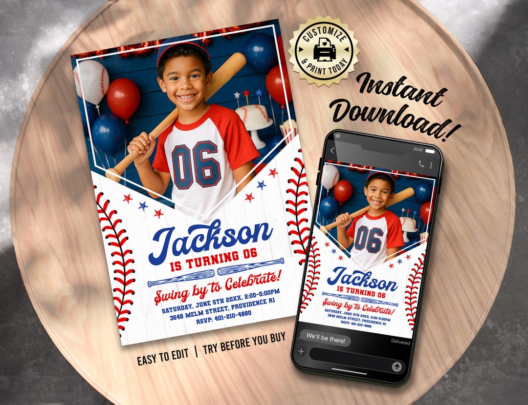 Baseball Birthday Photo Invitation | Editable Kids Ball Game Party ...