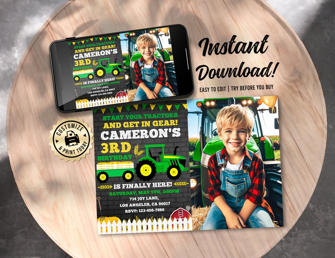Tractor Birthday Party Photo Invitation | Farm Hayride Theme Editable ...