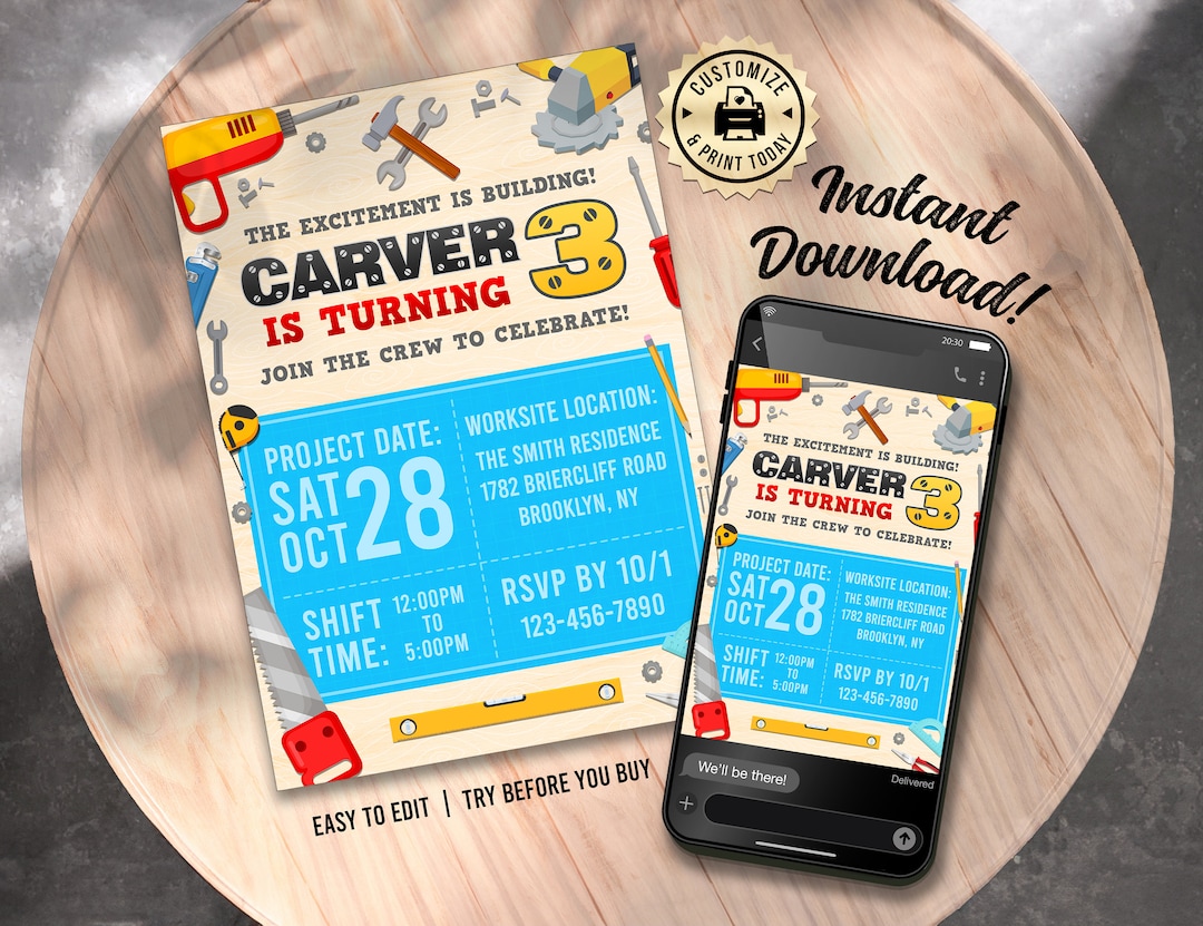 Editable Builder Tools Birthday Invitation Carpentry Party Invite ...