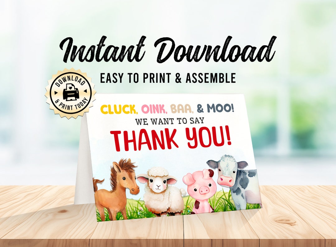 Farm Animals Thank You Card Barnyar Birthday or Baby Shower Party Favor ...