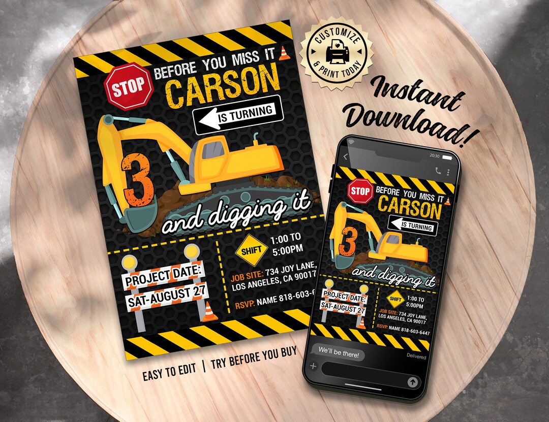 Digging It Construction Birthday Invitation Editable Excavator Road ...