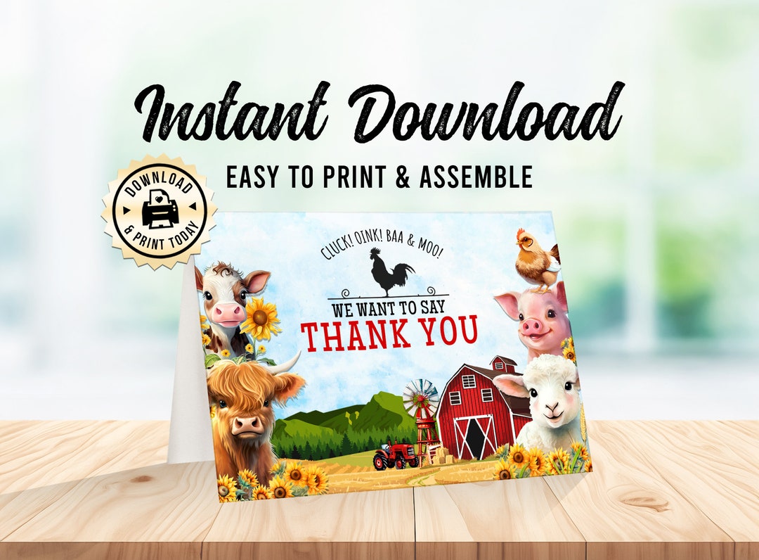Farm Animals Thank You Card Barnyar Birthday or Baby Shower Party Favor ...