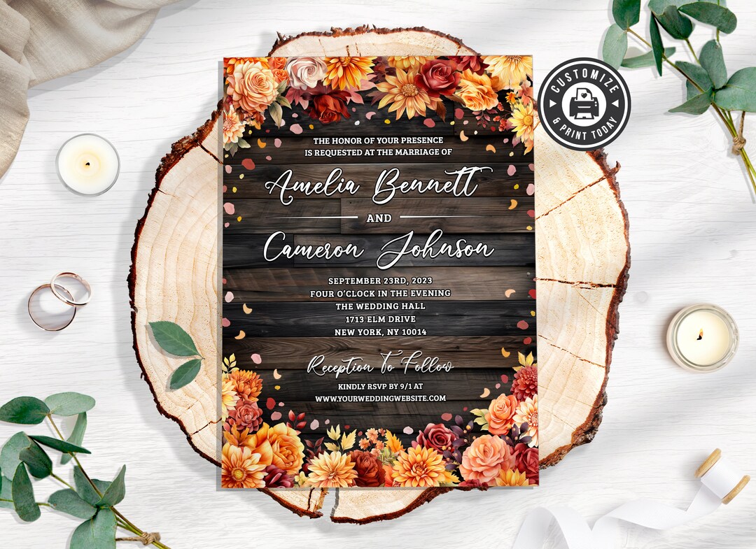 Rustic Autumn Wedding Invitation Fall Flowers Boho Barn Farmhouse ...