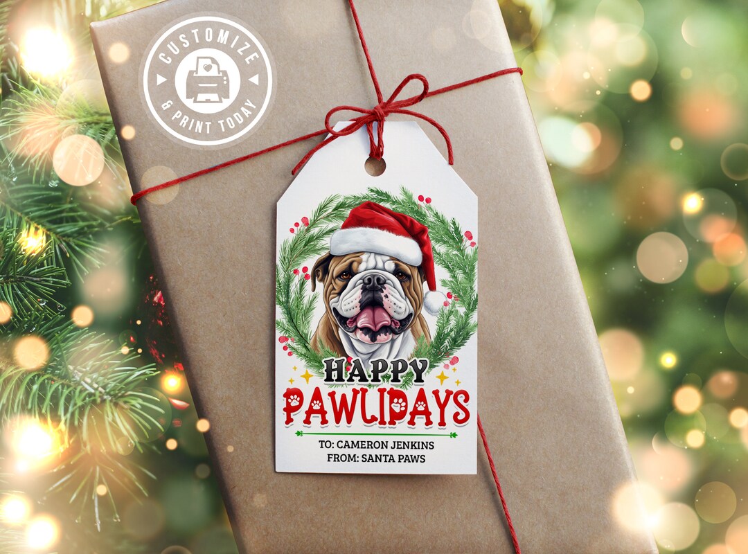 Bulldog Christmas Gift Tag Happy Pawlidays Puppy Dog Holiday Party ...