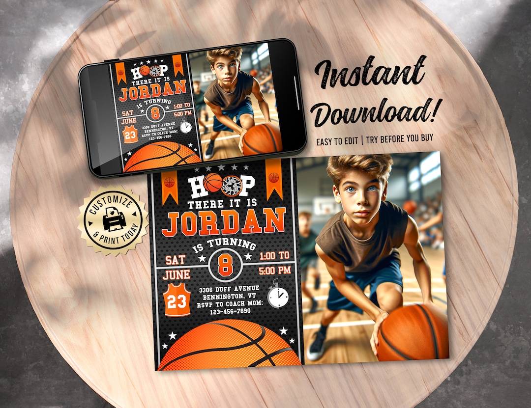 Basketball Birthday Photo Invitation | Game Time Slam Dunk Editable ...