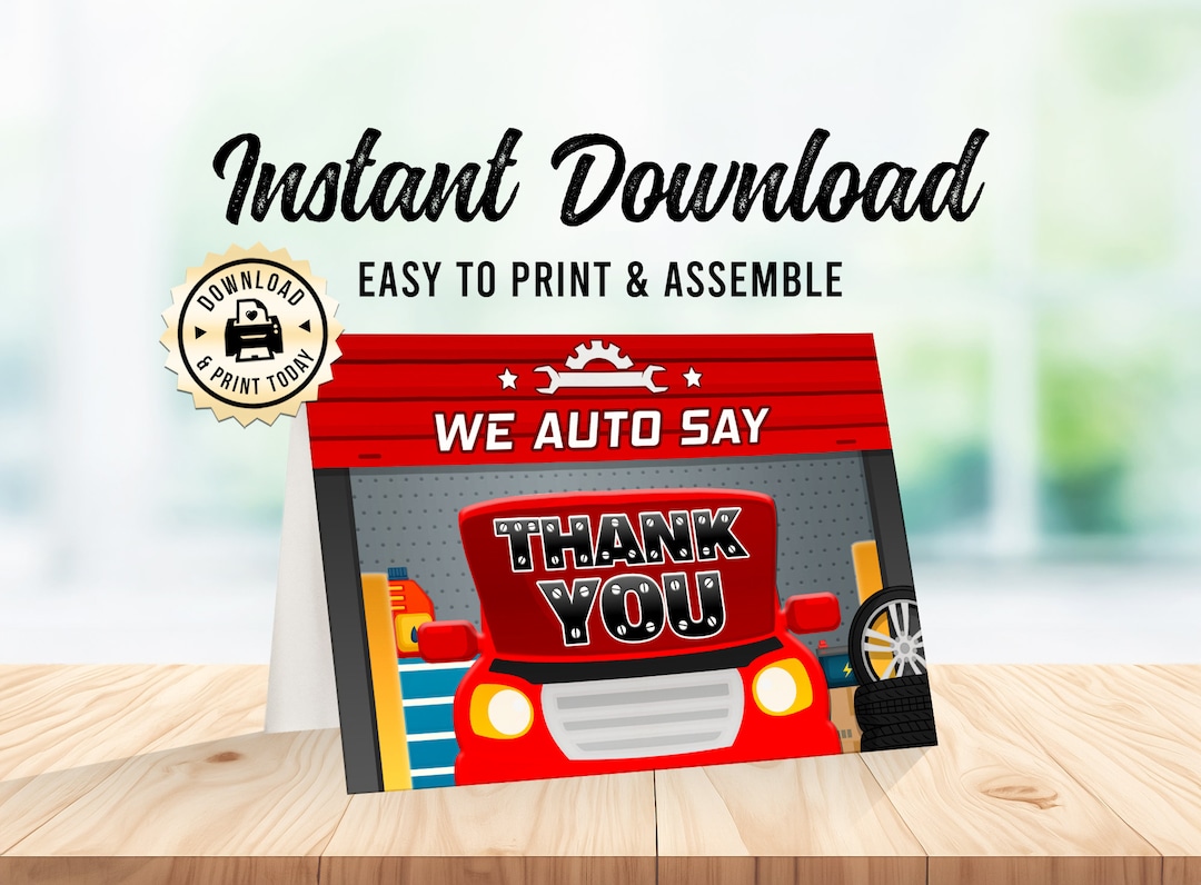 Mechanic Thank You Card | Instant Download Auto Body Shop Kids Birthday ...