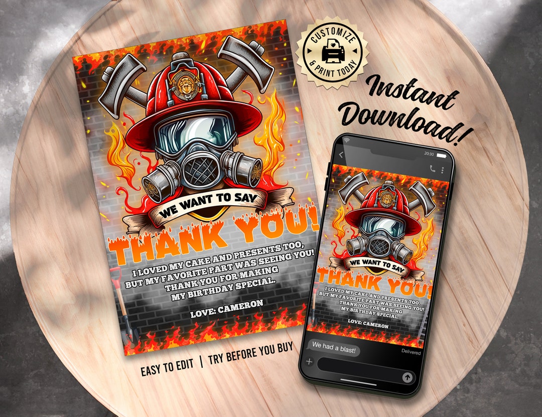 Firefighter Thank You Card Fired up Fire Truck Little Hero Editable ...