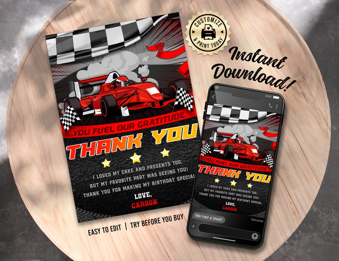 Editable Race Car Go Kart Speedway Matching Custom Thank You Card ...
