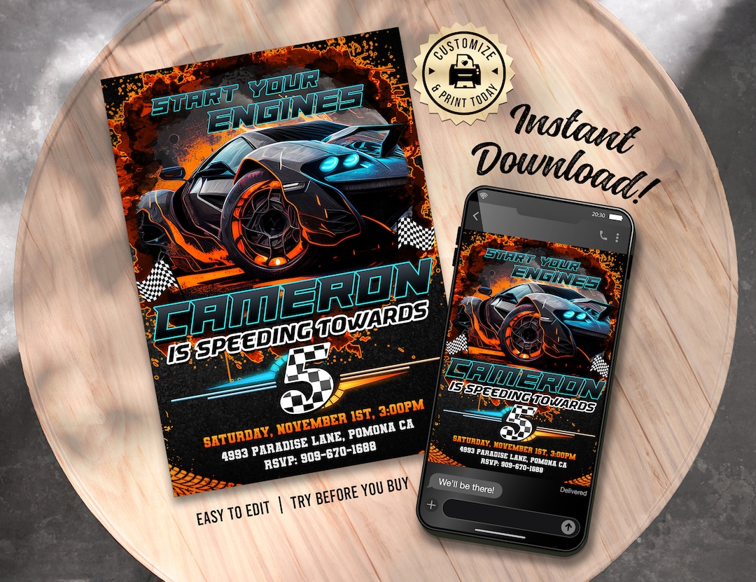 Sports Car Birthday Invitation | Editable Race Car Speedway Theme Kids ...