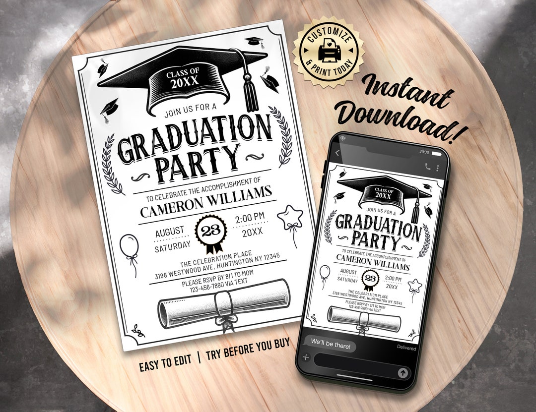 Graduation Party Invitation | Editable Cap Toss Minimal Congrats ...