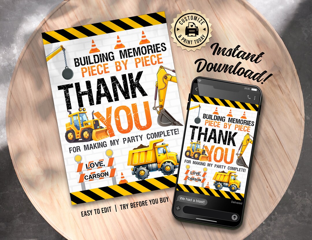 Construction Thank You Card Builder Road Work Trucks Editable Party ...