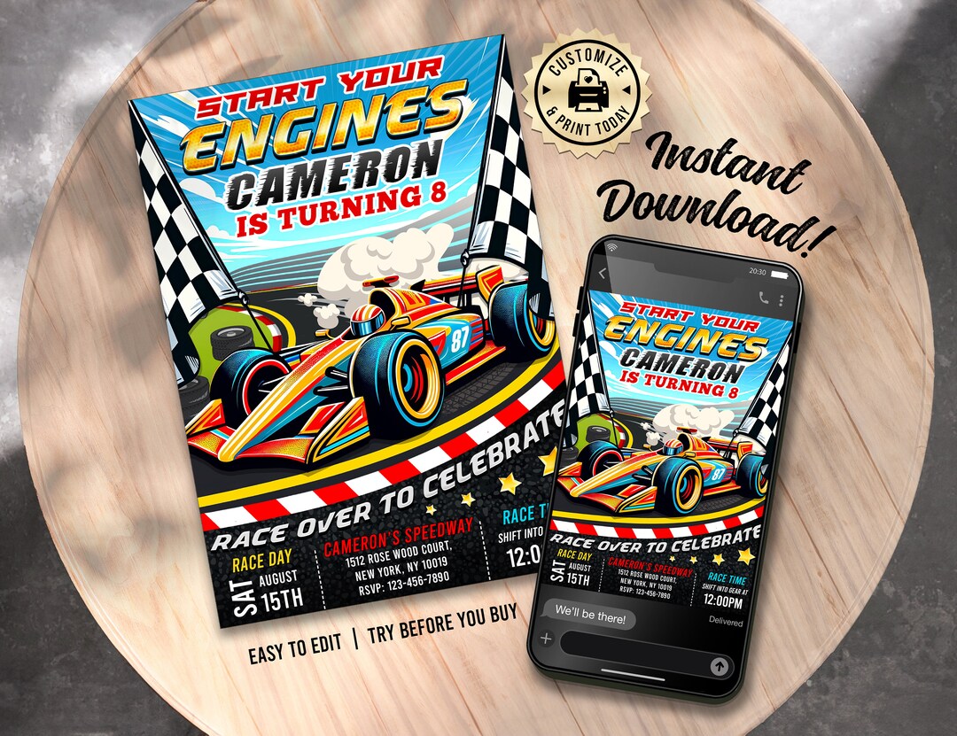 Racing Birthday Invitation | Editable Go Kart Grand Prix Speedway Kids ...