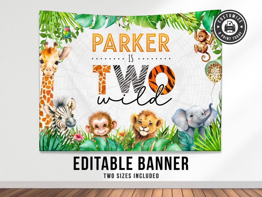 EDITABLE Two Wild Safari Jungle Animals Theme Second Birthday Party ...