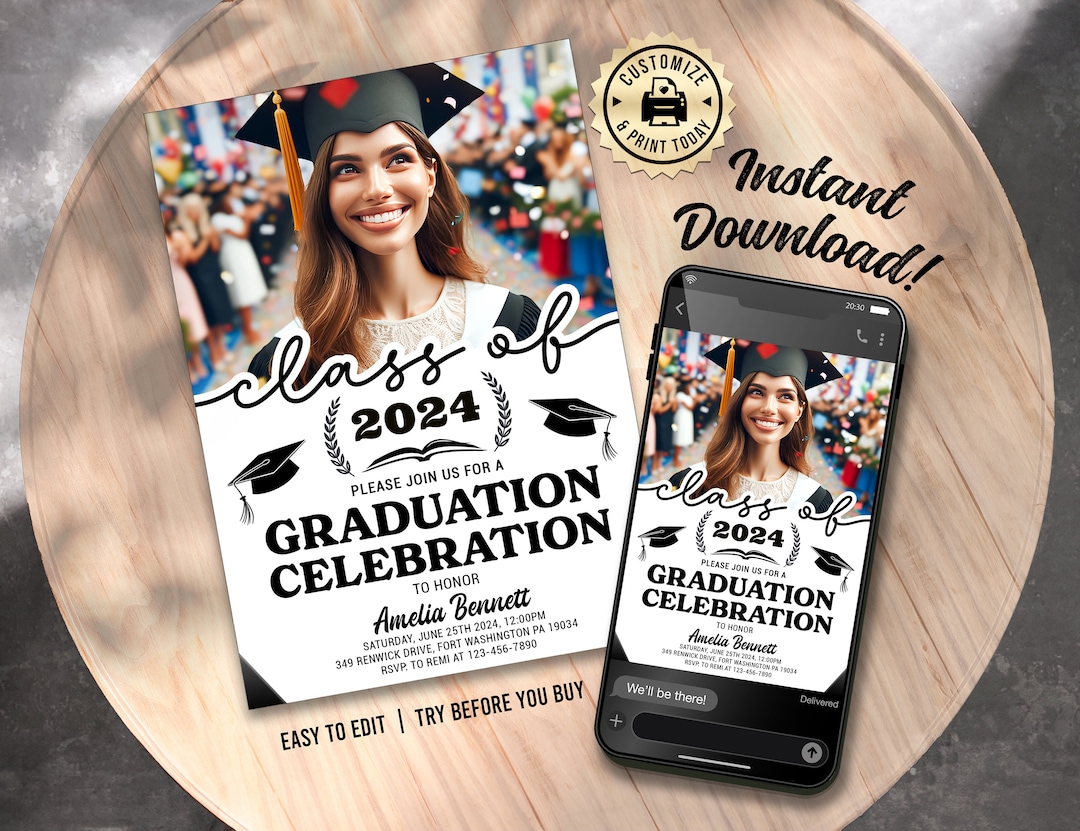 Graduation Party Photo Invitation Editable Cap Toss Minimal Congrats ...
