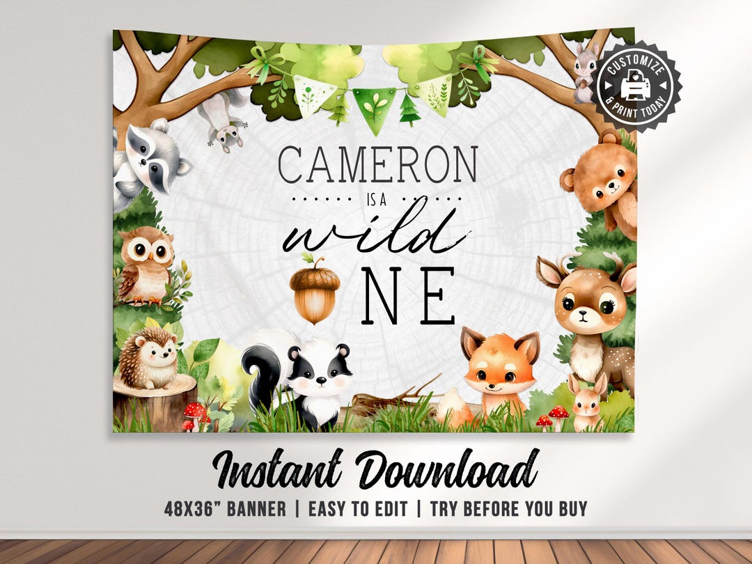 Woodland 1st Birthday Banner | Editable Wild One Forest Animals Baby ...