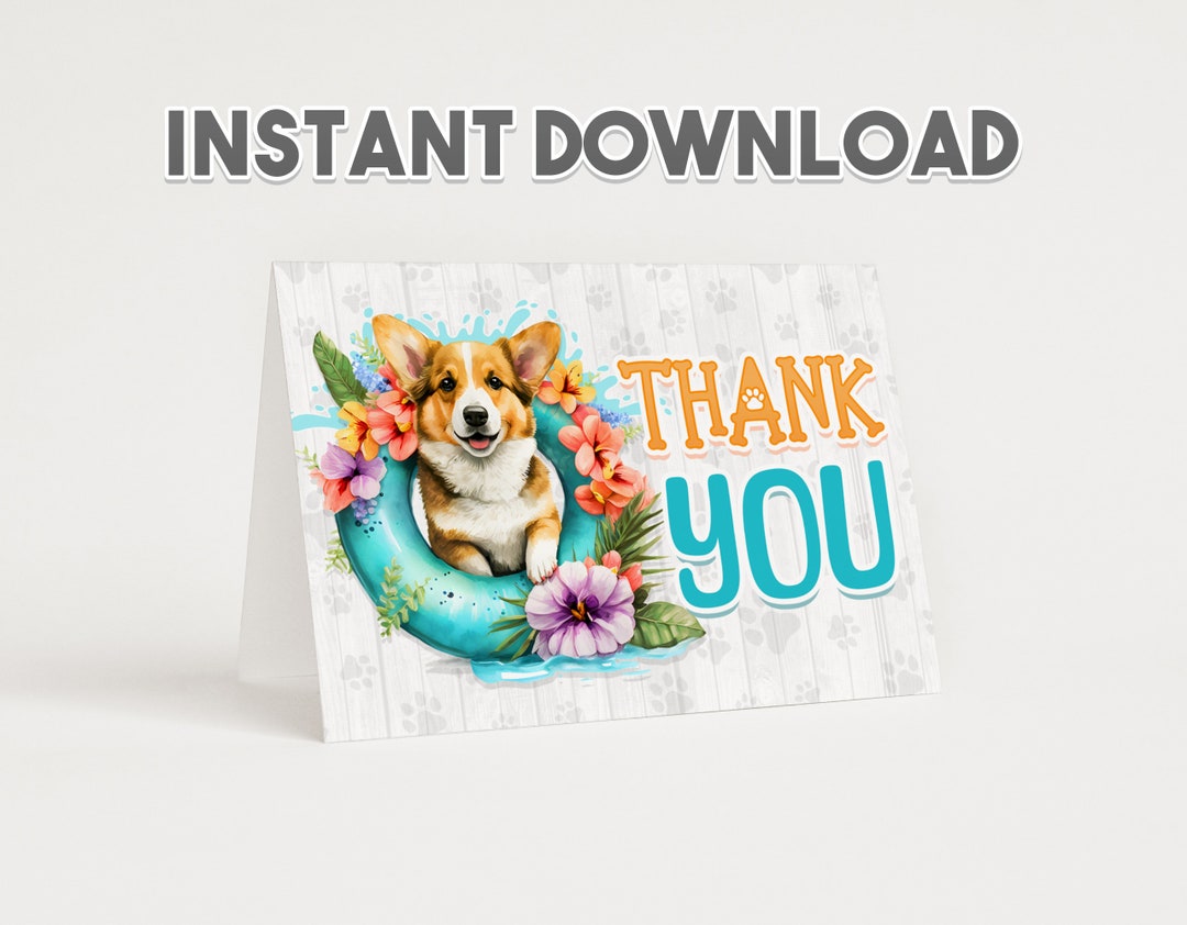 Instant Download Corgi Pool Party Theme Thank You Card Custom Digital ...