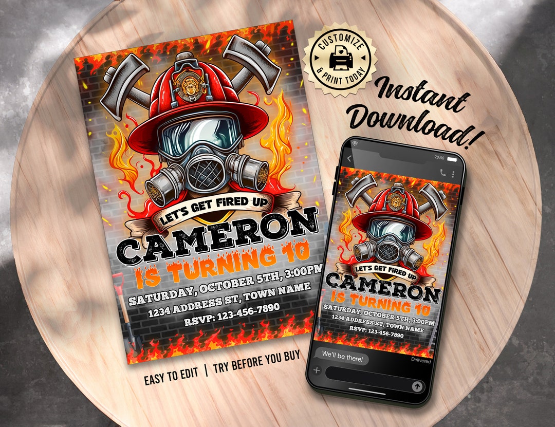 Firefighter Birthday Invitation Fired up Fire Truck Little Hero ...