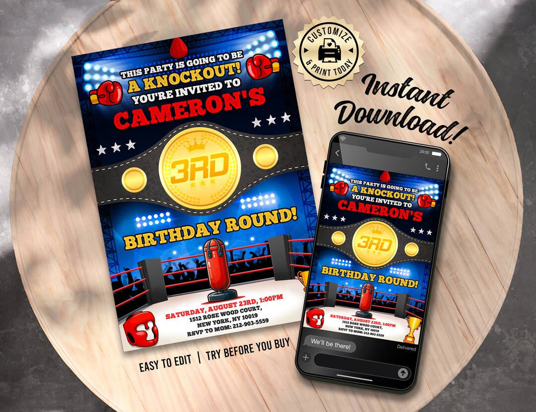 Pro Boxer Birthday Invitation | Editable Boxing Tournament Knockout ...