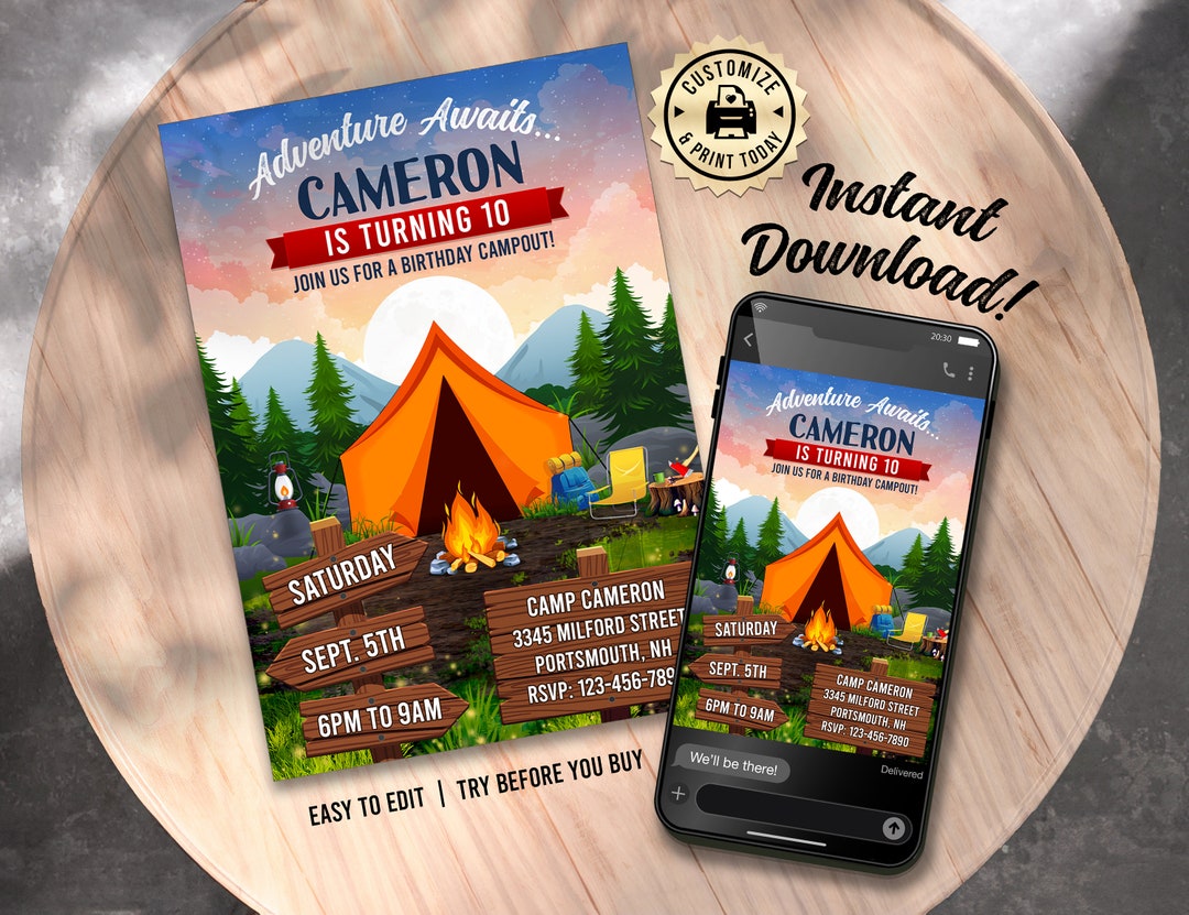 EDITABLE Adventure Awaits Backyard Campout Birthday Party Invitation ...