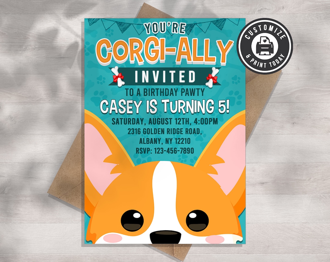EDITABLE You're Corgi-ally Invited Corgi Paw Print Theme Teal Birthday ...