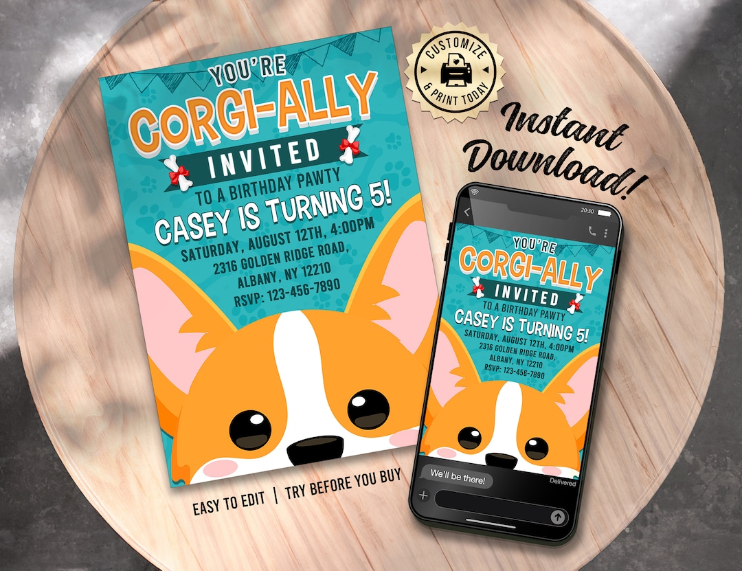 EDITABLE You're Corgi-ally Invited Corgi Paw Print Theme Teal Birthday ...