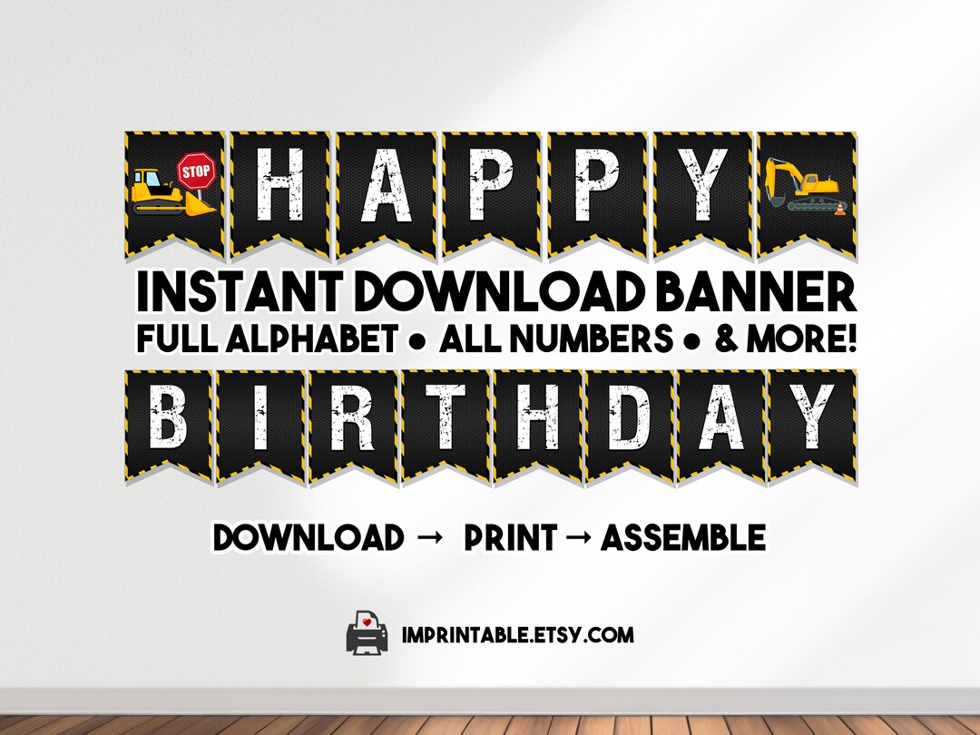 Construction Party Banner | Full Alphabet, All Numbers, & Characters ...