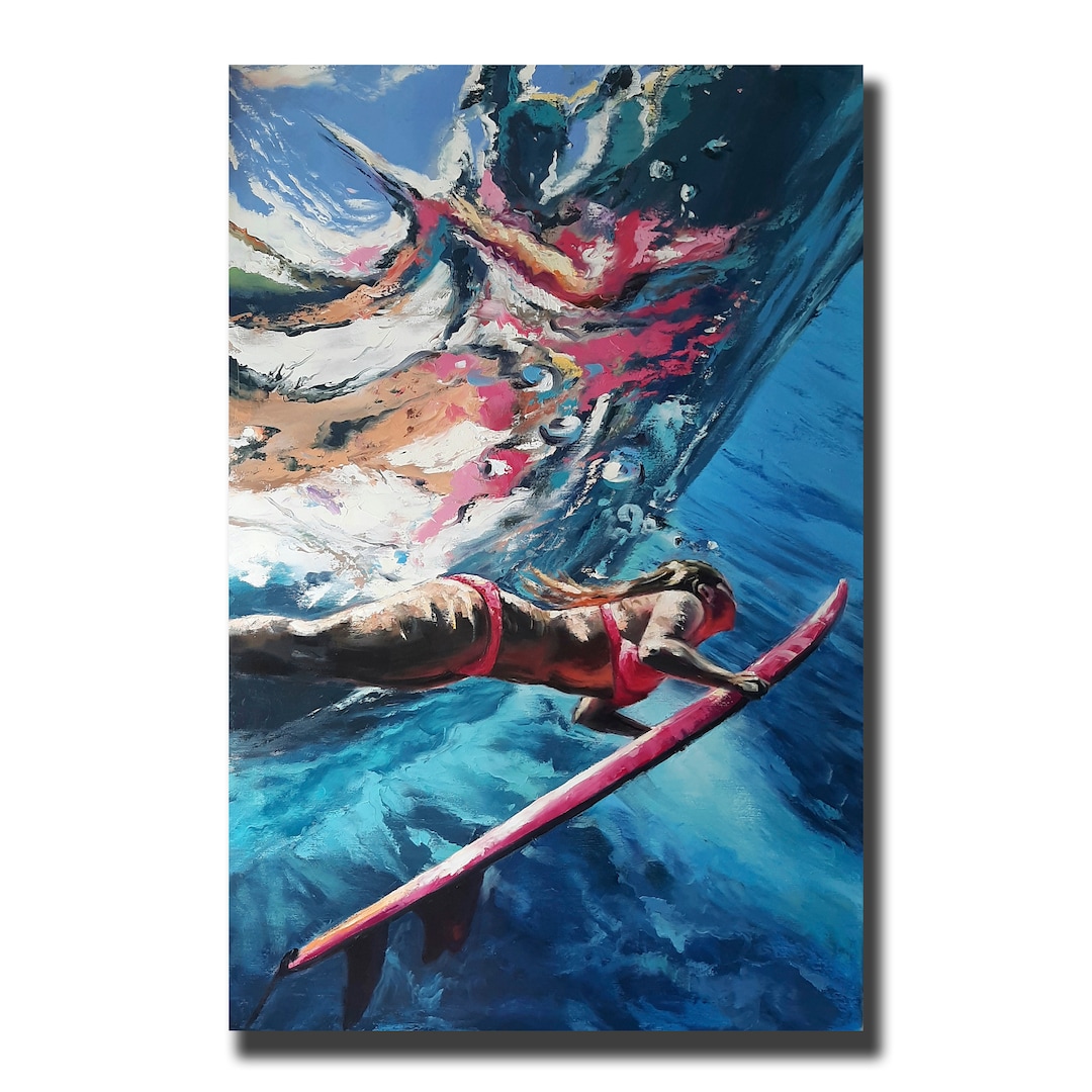 Surfer Girl Large Oil Painting Original Hand Painted Art Pink Surfboard ...