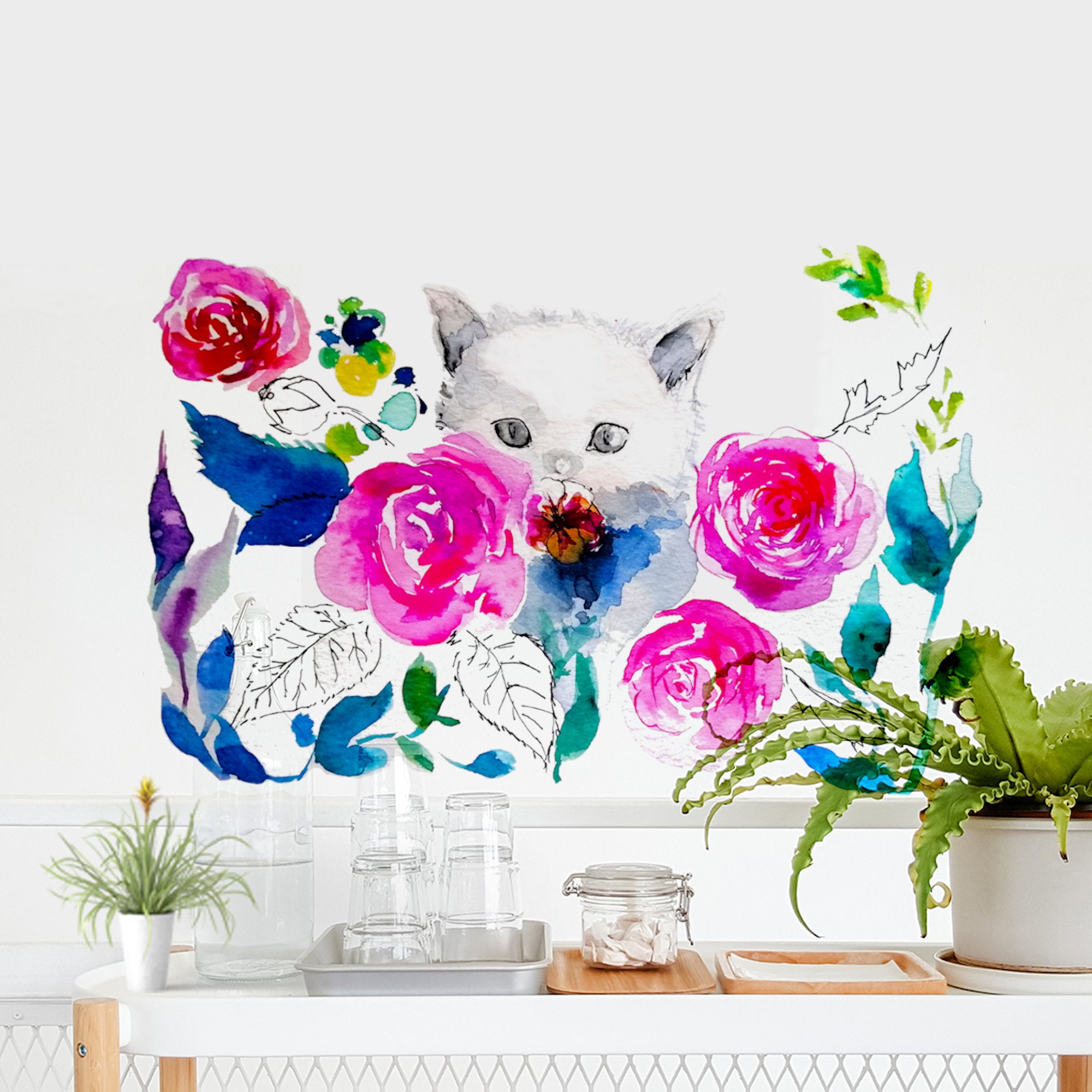 Wall stickers Kitten hidden in the garden colorful decal | Etsy