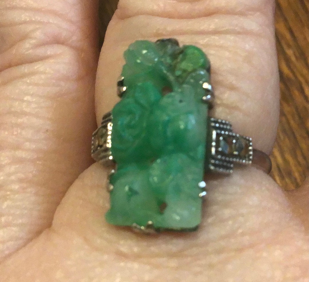 Art Deco Carved Jade Sterling Silver Marcasite Ring Size 8 - Etsy