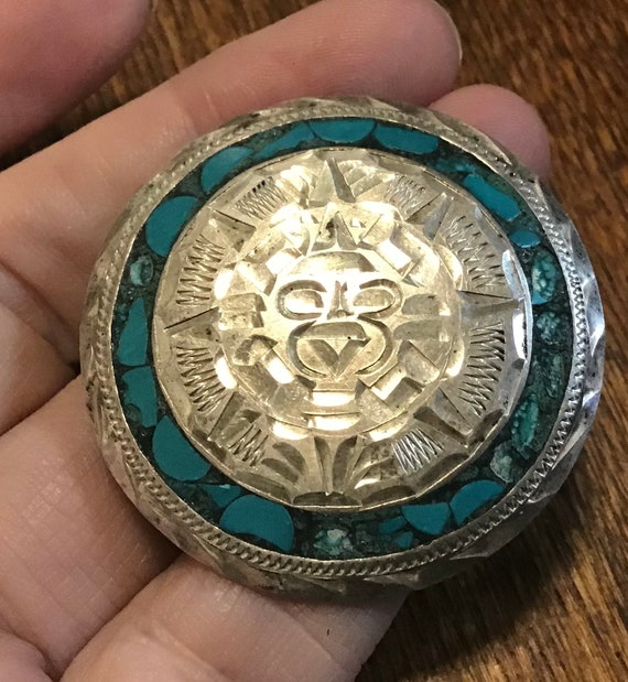 Sterling turquoise Aztec calendar brooch/pendant miss… - Gem