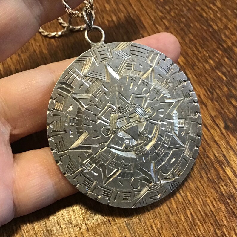 Sterling Aztec Calendar Large Pendant With 29 Inch Chain - Etsy