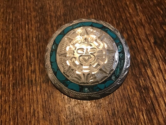 Sterling turquoise Aztec calendar brooch/pendant miss… - Gem