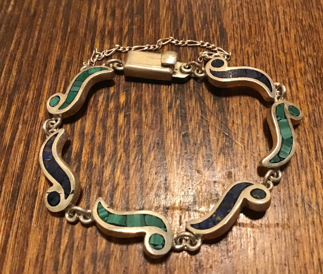 Mexican Sterling Silver Inlaid Malachite Lapis Bracelet, 7.5 Inches ...