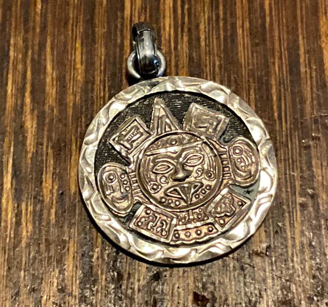 Aztec Sun God, Tonatiuh Sterling Silver 10k Pendant Signed by the ...