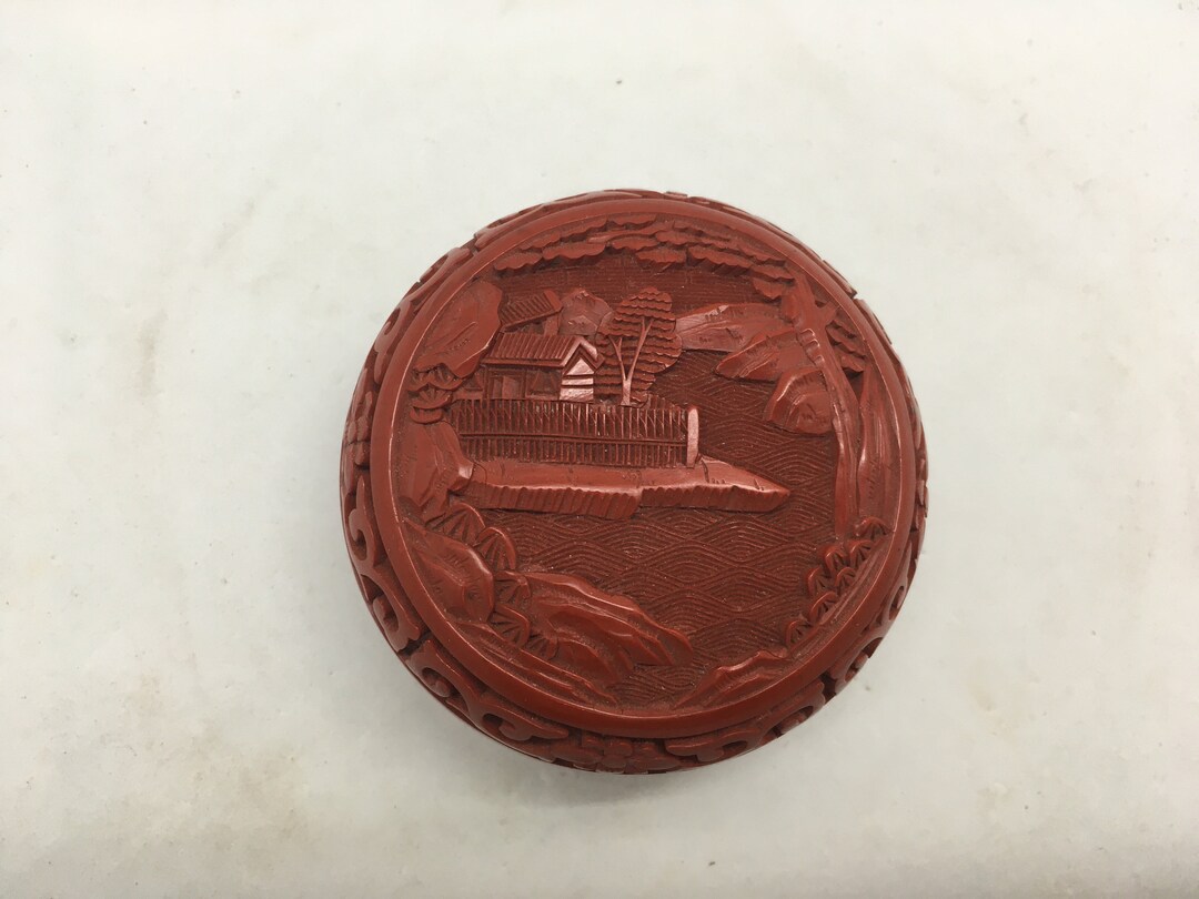 Chinese Cinnabar Red Box Container With Lid ~ Landscape Scene ~ 2" Tall ...
