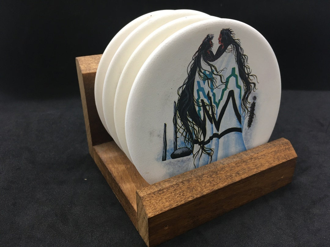 Native American Art Sandstone Coasters (4 Total) With Wood Stand ...