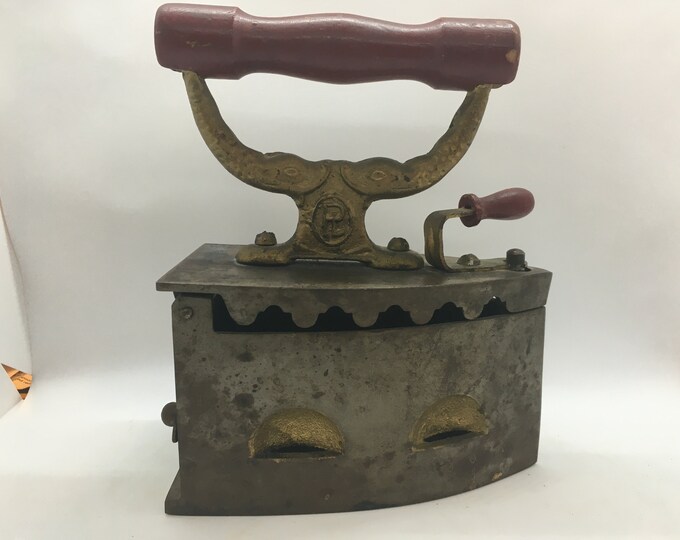 Antique Coal Sad Iron With Wooden Red Handle - Etsy