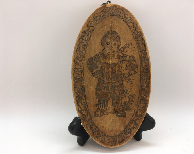 Antique Pyrography Plaque ~ Young Football Player ~ C. 1915-1920 ~ 7-1/ ...