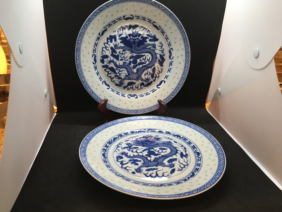 Antique Hand Painted Chinese Wanyu Blue and White Dragon Design Rice ...