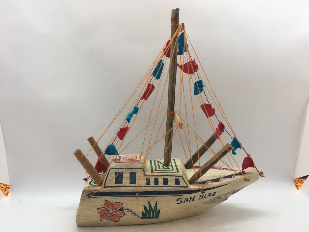 Hand Made Folk Art Rigged Wooden Model Boat Ship Signed Made in San ...