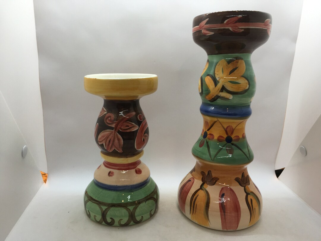 Two Vicki Carroll Signed Art Pottery Candlestick Holders Whimsical ...
