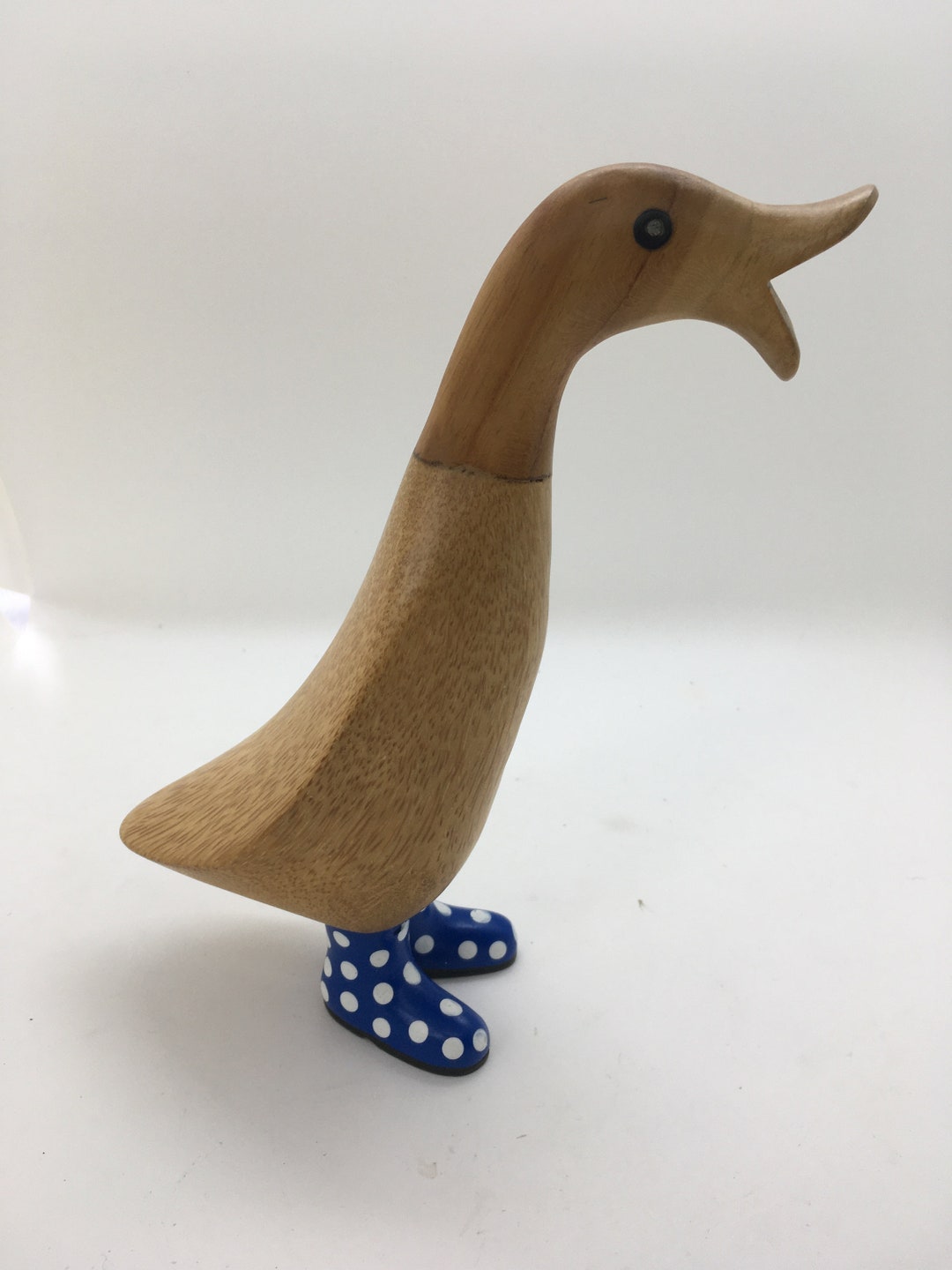 DCUK Carved Wooden Duck With Blue White Polka Dot Boots Made in ...