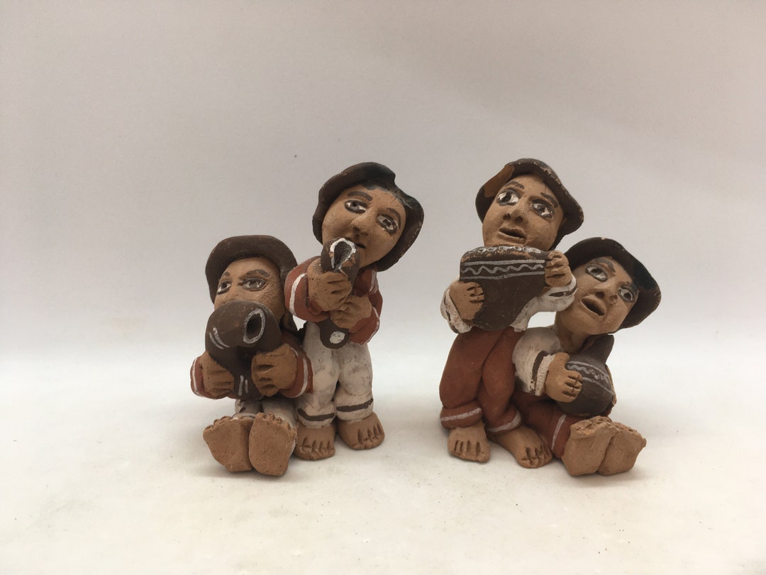 Hand Made Peruvian Clay Men Playing Flutes (two Total) ~ Peru, South ...