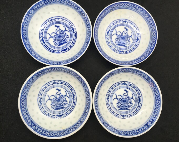 Chinese Blue and White Rice Grain Rice Eye Porcelain Sauce Dishes (four ...