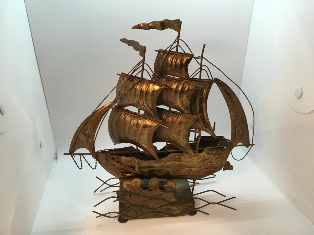 Copper Music Box Moving Ship Model ~ Vintage Metal Moving Musical Ship ...