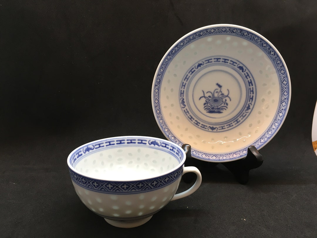 Chinese Porcelain Blue and White Rice Grain Rice Eye Tea Cup and Saucer ...