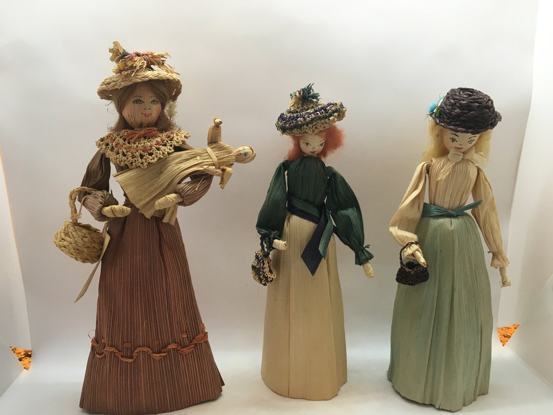 Three Handmade Victorian Lady Cornhusk Dolls Made by Mae Ritchie ...