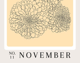 Chrysanthemum November Birth Flower Watercolor Print, Minimalistic ...