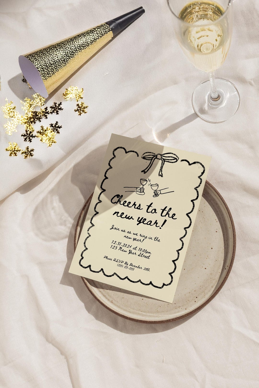 Hand-drawn New Year's Eve Party Invitation With Bow | Digital Download ...